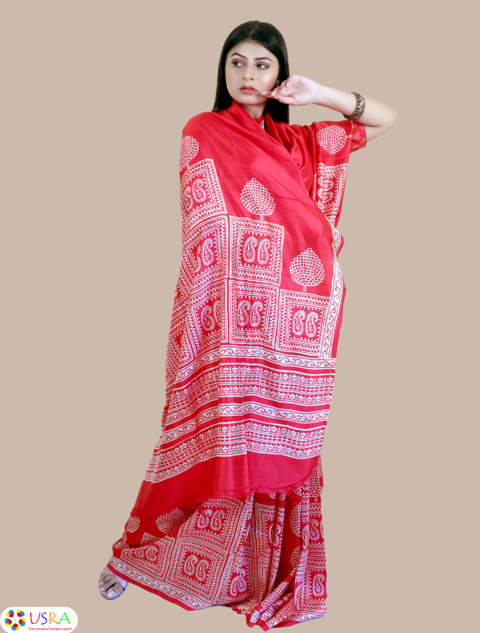 Red Printed Silk Sarees - USRA
