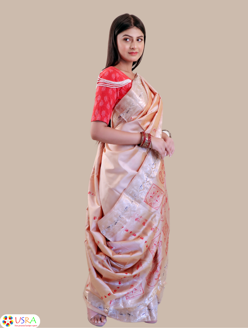 Tan Pure Silk Swarnachari Saree. - USRA