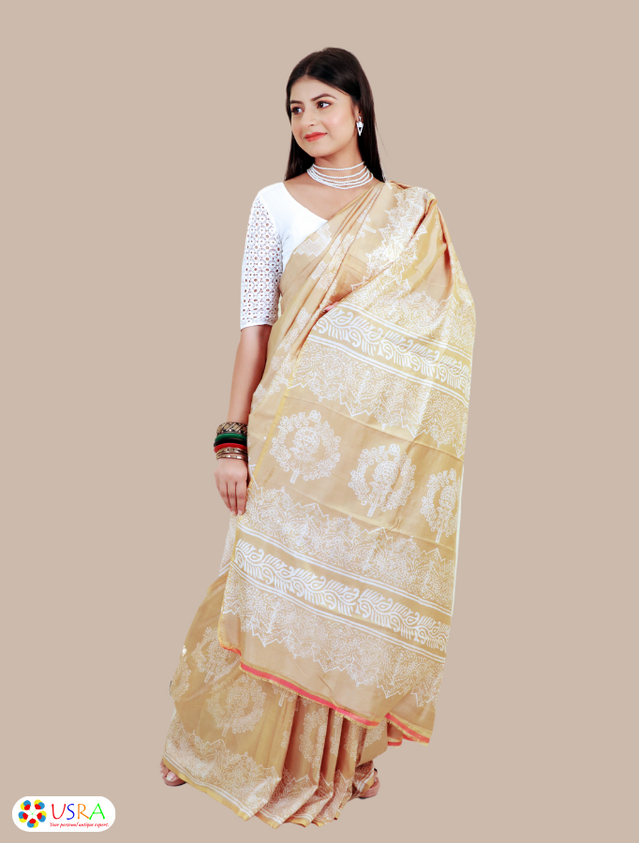 Light yellow Pure Silk Printed Saree. - USRA