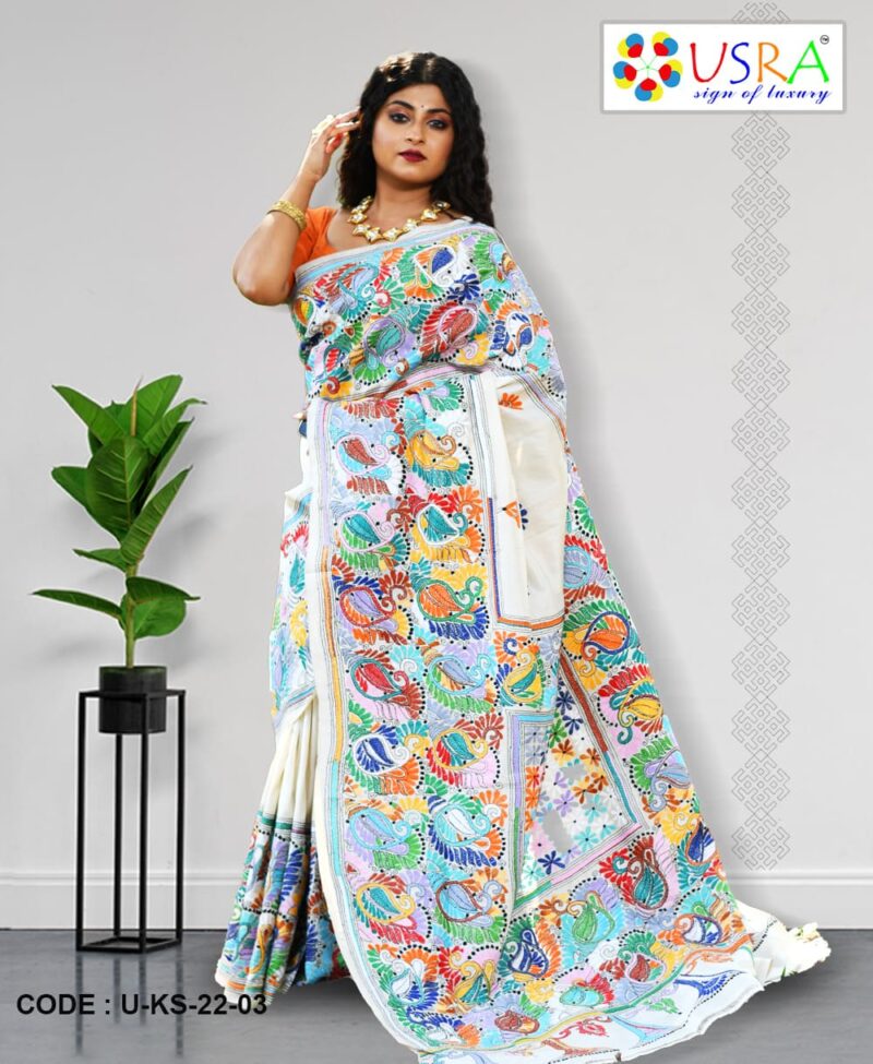 White Kantha Stitch Saree - USRA